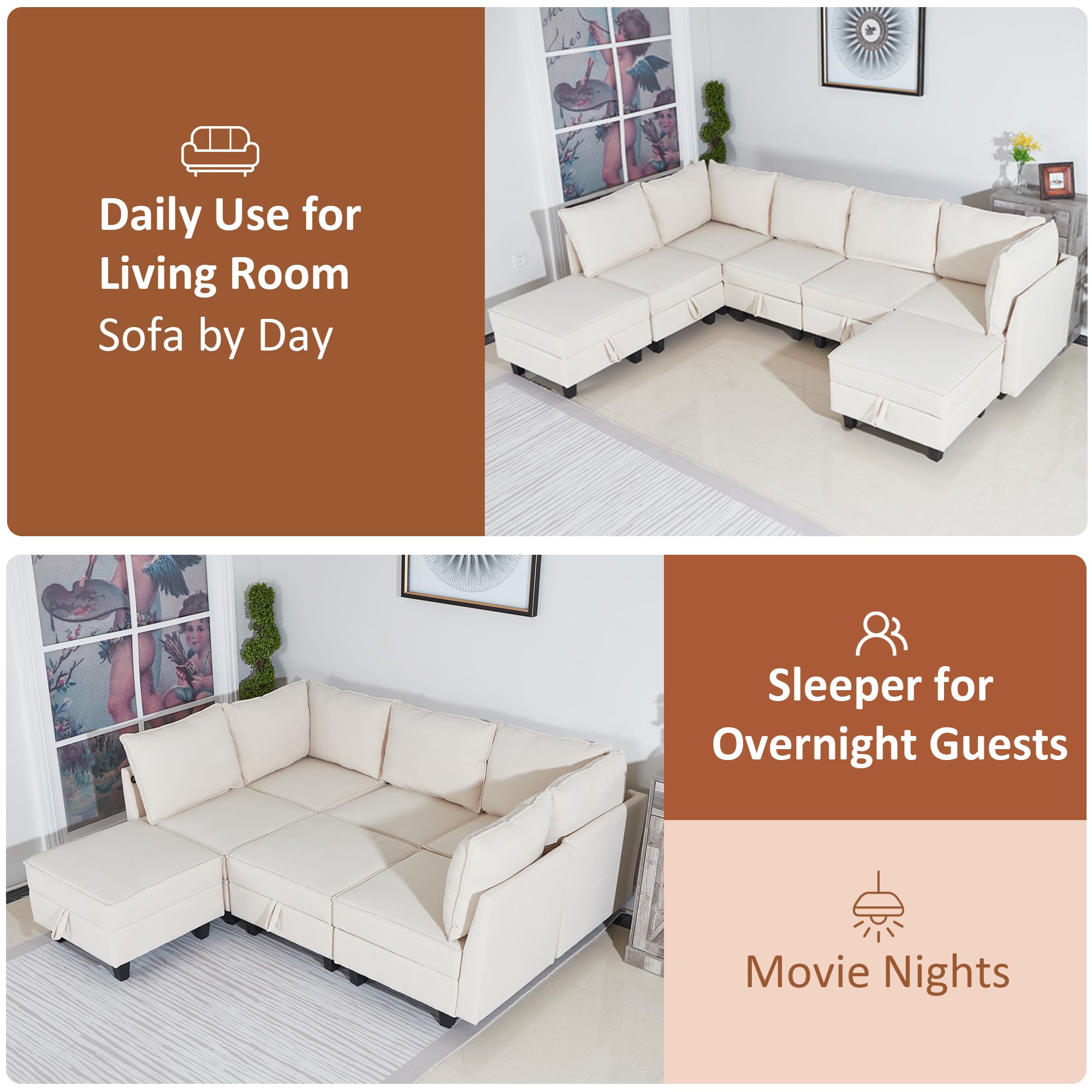 Neylory Modular U-Shaped Sectional Sofa, Oversized 7 Seater Sectional Couch with Storage Seat & Ottoman, Convertible Sleeper Sofa for Living Room, Beige