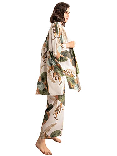 WDIRARA Women's 3 pcs Sleepwear Leaf Print Cami and Pants Pajama Set with Robe Multicolor M