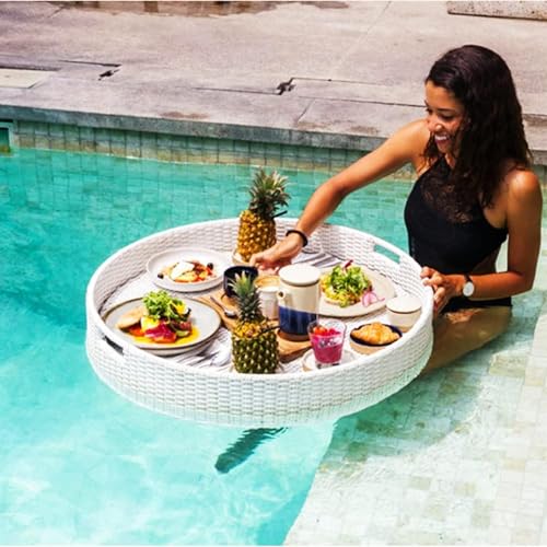 Floating Tray Floating Serving Tray Round Rattan Woven Swimming Pool Floats for Pool Serving Drinks, Brunch, Food On The Water,Brown (Color : White)