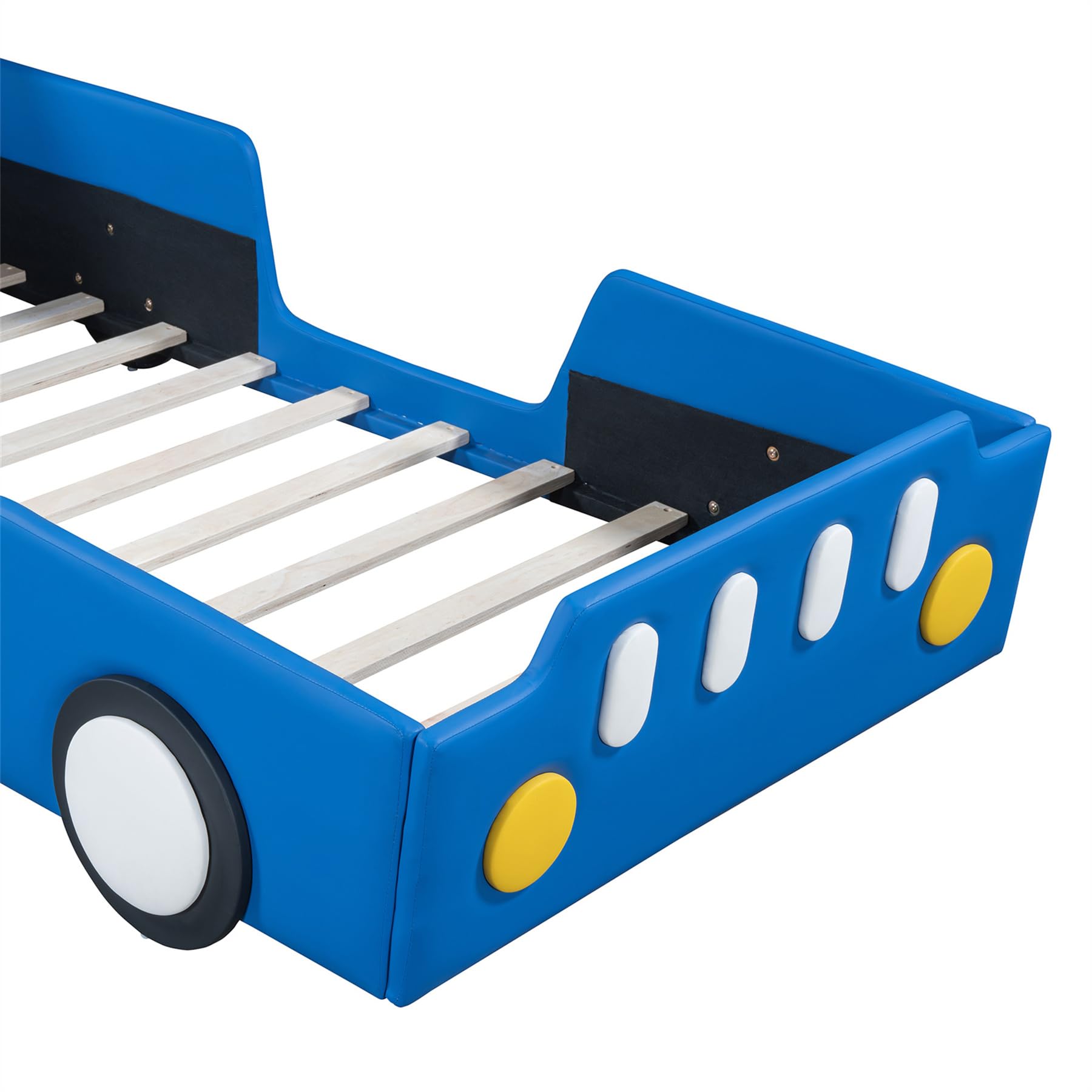 Merax Twin Race Car Platform Bed with Wheels,PU Leather Car Bed Frame for Boys Twin Size,Kids Bed Frame with Headboard,Fits Standard Twin Mattress(No Mattress)