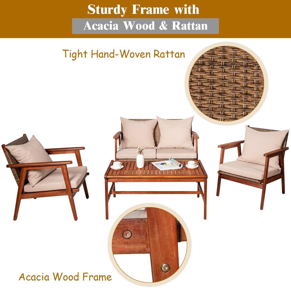 Tangkula 4 PCS Patio Wood Sofa Set, Outdoor Acacia Wood Seating Chat Set with Cushions & Coffee Table, Sectional Conversation Sofa Set for Garden, Backyard, Poolside (1, Brown)