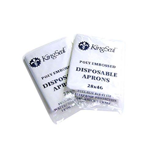 KingSeal Bib Style Disposable Poly Aprons, 28 by 46 Inches, Box of 100 Aprons, White