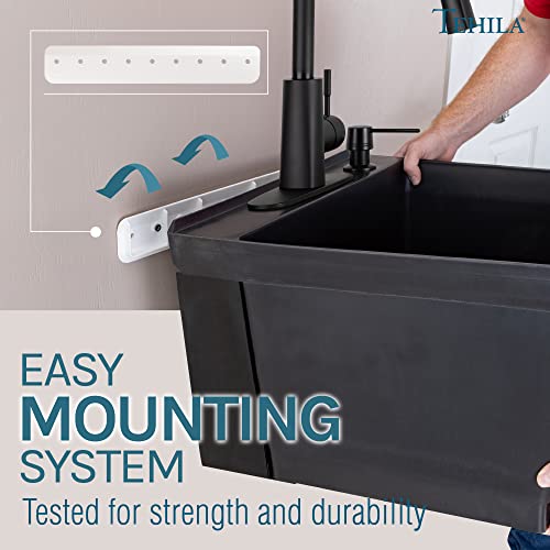 JS Jackson Supplies Tehila Black Wall-Mounted Utility Sink Tub Kit with Black Pull-Down Faucet, Wall-Mounted Utility Tub with Wall Bracket for Laundry Room, Garage, Workshop