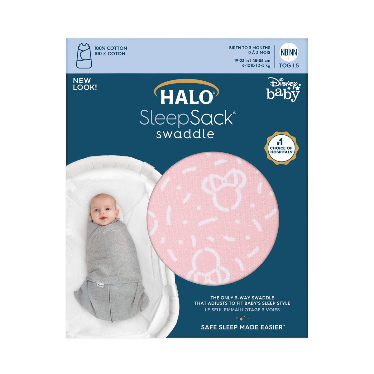 HALO 100% Cotton Sleepsack Swaddle, 3-Way Adjustable Wearable Blanket, TOG 1.5, Newborn, Confetti Minnie Pink Bundle