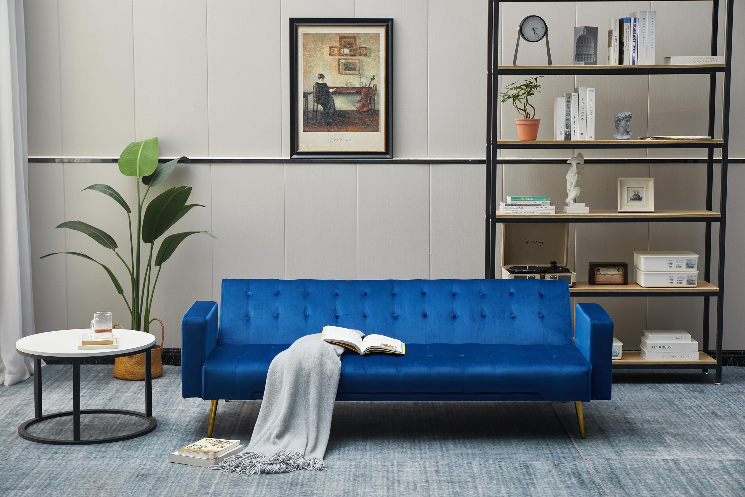 MODCART 75Inch Velvet Futon Sofa Bed with Adjustable Back, Convertible Futon Couch, w/Tufted Buttoned Design & Metal Legs, Upholstered Slpper Bed for Home, Small Space Apartment