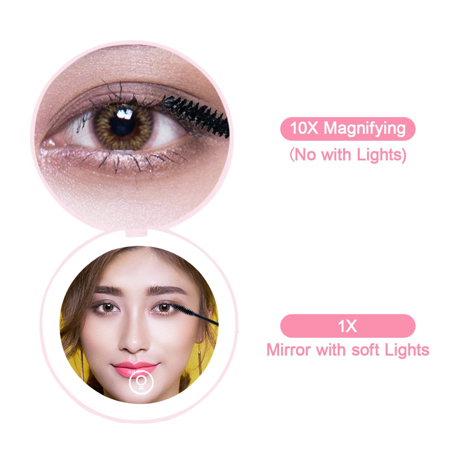 Kilobey LED Lighted Travel Makeup Mirror, 1x/10x Small Compact Magnifying Mirror, Mini Portable Folding Mirror for Purse, 3.5 inch Pocket Mirror, Handheld 2-Sided Mirror, Round, White