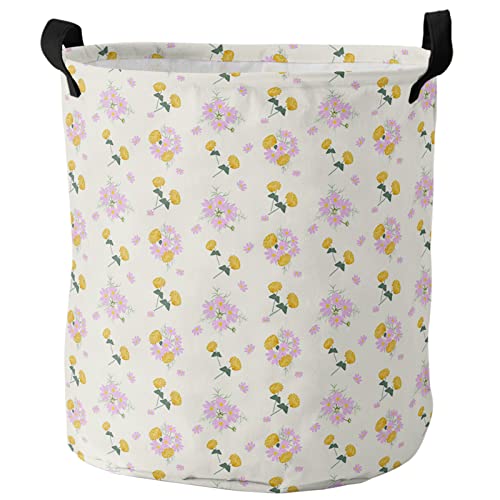 Laundry Basket Hamper with Handles, Spring Floral Collapsible Laundry Basket Waterproof Cloth Laundry Hamper Easy Carry Storage Basket 13.8x17 In Farmhouse Rural Flowers Yellow Backdrop