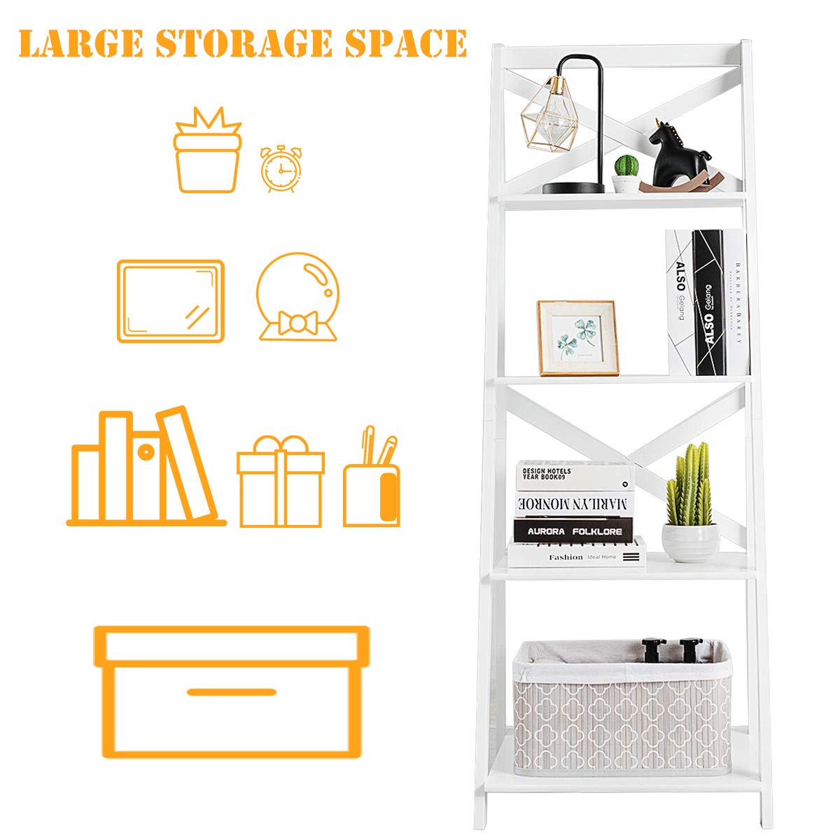 Tangkula 4-Tier Ladder Shelf Bookcase Leaning Free Standing Wooden Frame Decor Bookshelf Storage Flower Shelf Plant Display Shelf for Home Office (White, 1)