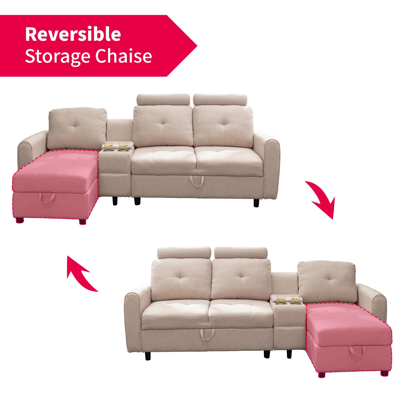 MUZZ 89" Sectional Sofa with Storage Chaise with Cup Holders, Modular L Shaped Sectional Sofa with Neck Pillows, Convertible Sectional Couch for Living Room/Apartment,Light Grey