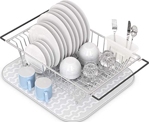Simple Houseware Large Over Sink Counter Top Dish Drainer Drying Rack with Drying Mat and Utensil Holder, Chrome