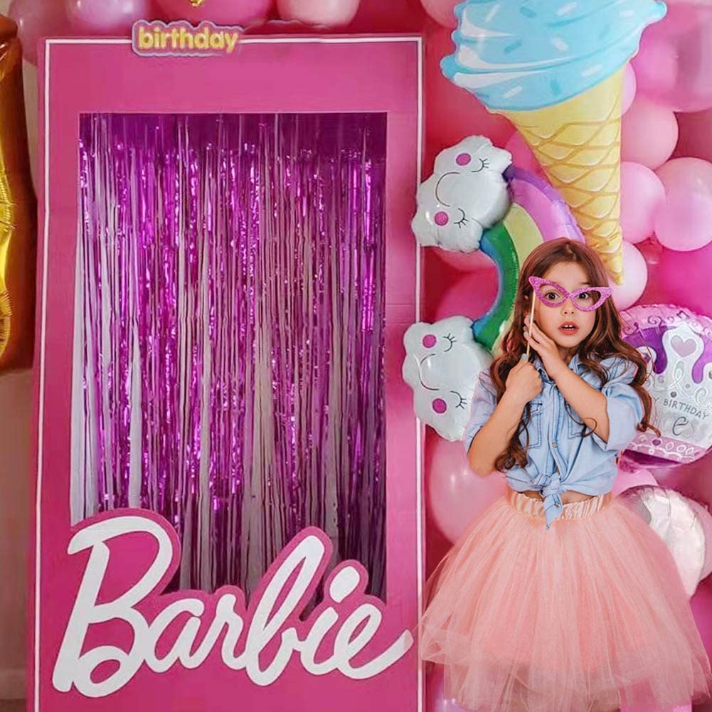 Foil Fringe Curtains - Party Streamers for Barbie Backdrop Barbie Birthday Mean Girls Party Decorations - 3Packs 3.2ft x 8.2ft Fuchsia Metallic Tinsel Backdrop Curtains