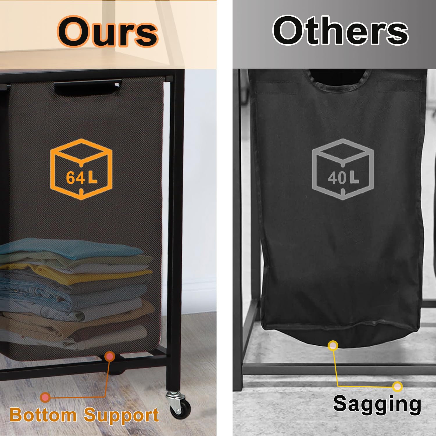 Timberer Laundry Hamper, Laundry Sorter, Rolling Laundry Basket with Wheels, 2 Shelves, 16.9 Gal(64L), Pull-Out and Removable Laundry Bags, for Laundry Room, Black and Rustic Brown