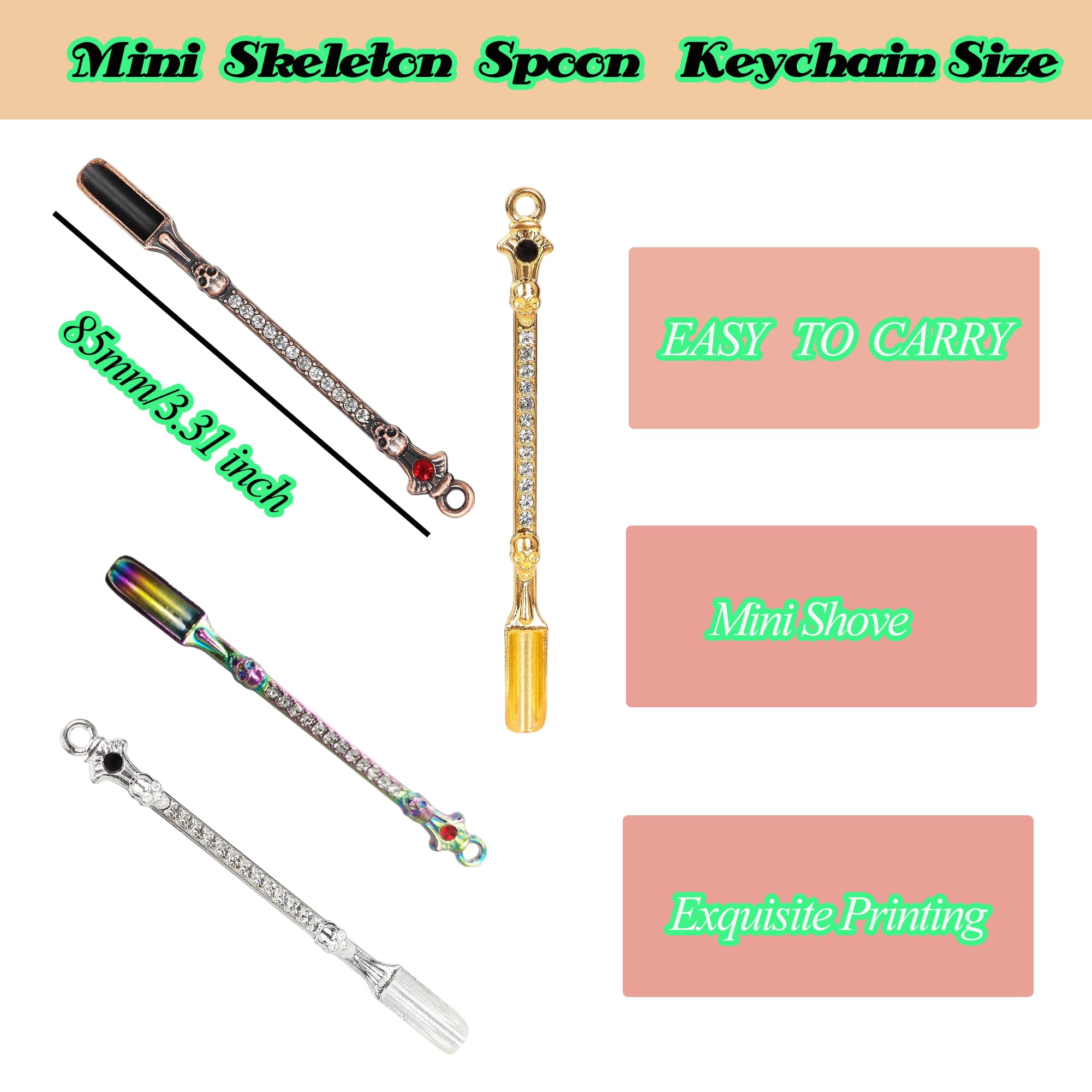 Mini Skeleton Spoon Keychain,small scoop spoon Pendant Necklace with crystal,Key Ring shovel Spoon Keychain.(Bronze)