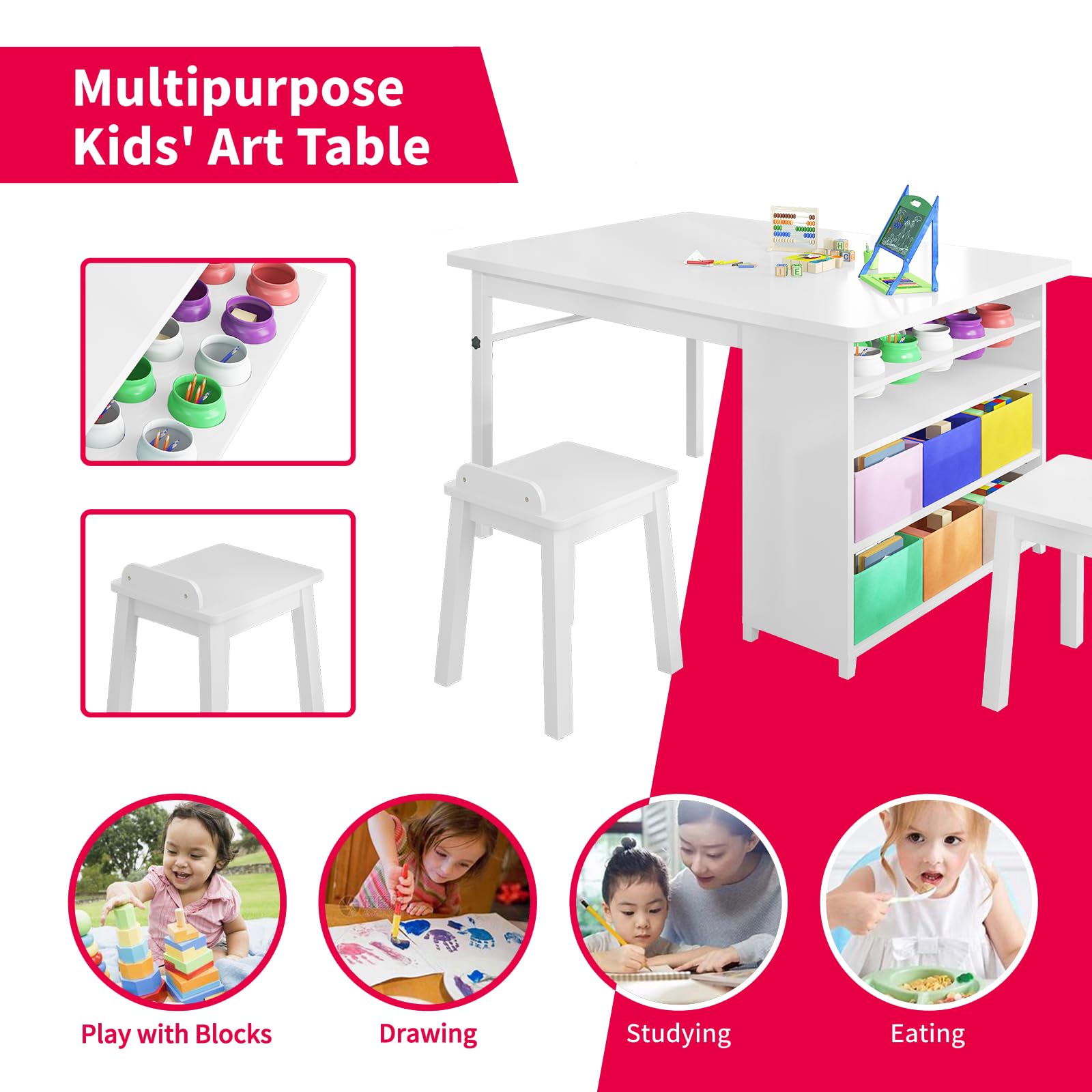 MUZZ Kids Activity Table and Chairs Set, Kids Table with Colorful Storage Bins and Paper Roller, Wooden Art Table for Kids Drawing,Playing(Grey)
