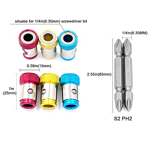 JFOGO 6 Pieces Magnetic Screw Ring With 2 Pieces Ph2 Screwdriver Bit Set,Magnetizer Screw Removable For 1/4 Inch/6.35mm Hex Screwdriver and Power Bits (MIX)