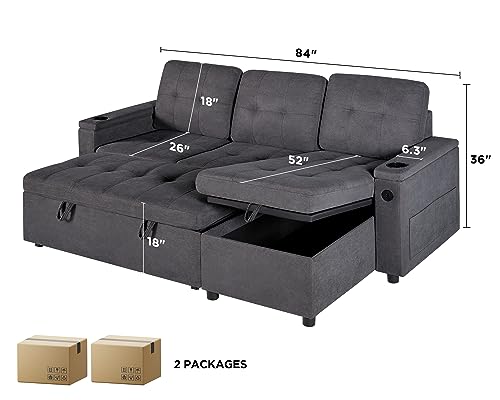 VanAcc Sleeper Sofa, Modern Tufted Convertible Sofa Bed, USB Charging Ports & Cup Holders, L Shaped Sofa Couch with Storage Chaise, Chenille Couches for Living Room (Dark Grey)