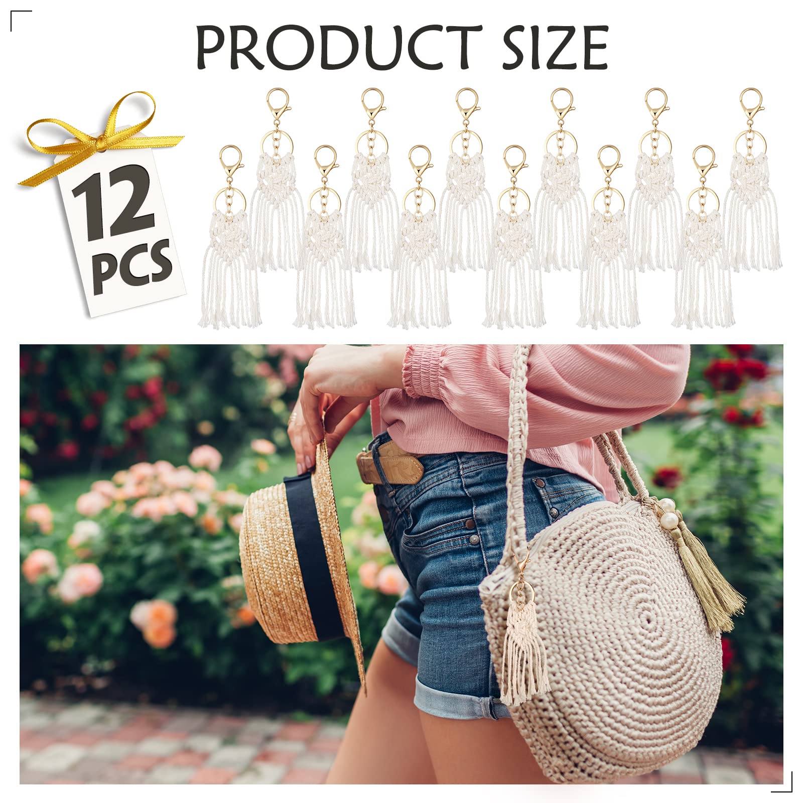 Herdear 12 Pieces Mini Macrame Keychains Boho Macrame Bag Charms Aesthetic Keychain Cute Handcrafted Keychain Bohemian Keychains for Women Bridesmaid Gift Car Key Purse Phone Supplies, Beige