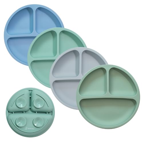 Telebaby Suction Plates for Babies & Toddlers | 100% Silicone with Divided Design | Suction Feature Keeps Plates in Place | Dishwasher & Microwave Safe | 4 Pack