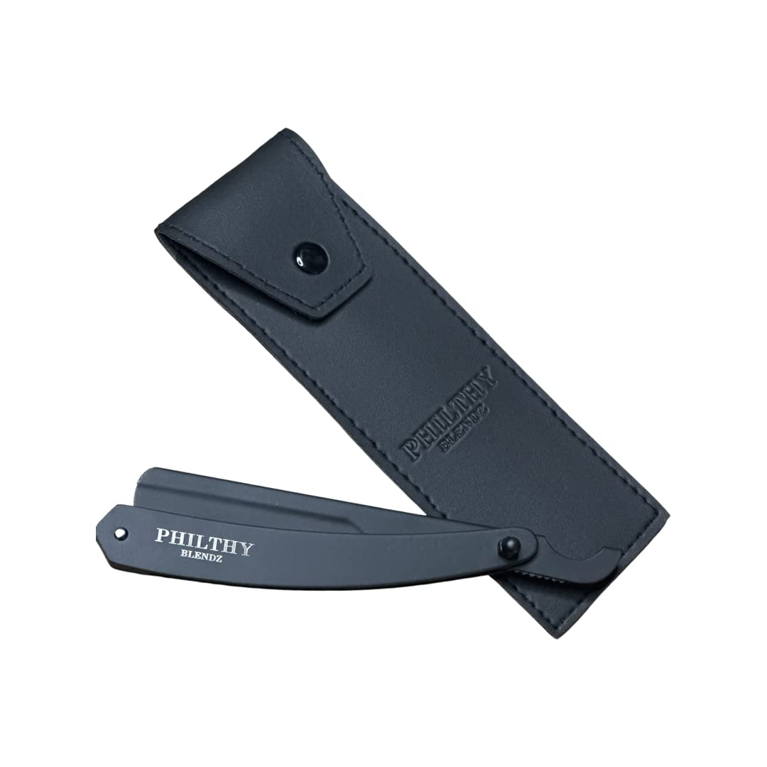 Philthy Blendz Metal Turkish Razor - Unique Safety Razor Includes Philthy Blendz Pouch - Professional Straight Razors for Men - Barber Razors for Men Stainless Steel Premium Black Razor