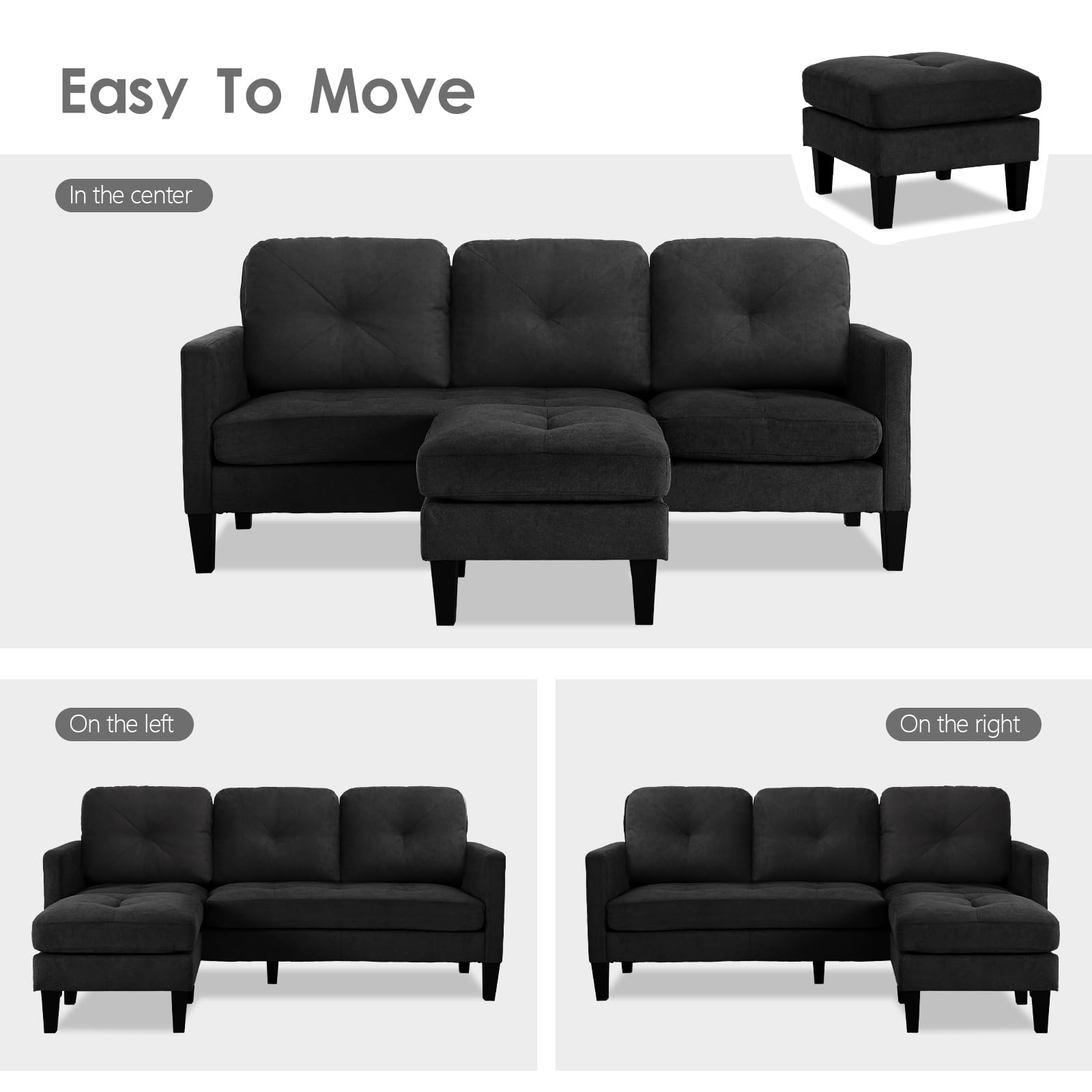 TOBYUL L-Shaped Couch with Reversible Chaise,Convertible Sectional Sofa Couch,Modular Couch Set,Living Room Furniture Sets,Couches for Living Room Apartment and Small Space (Black)