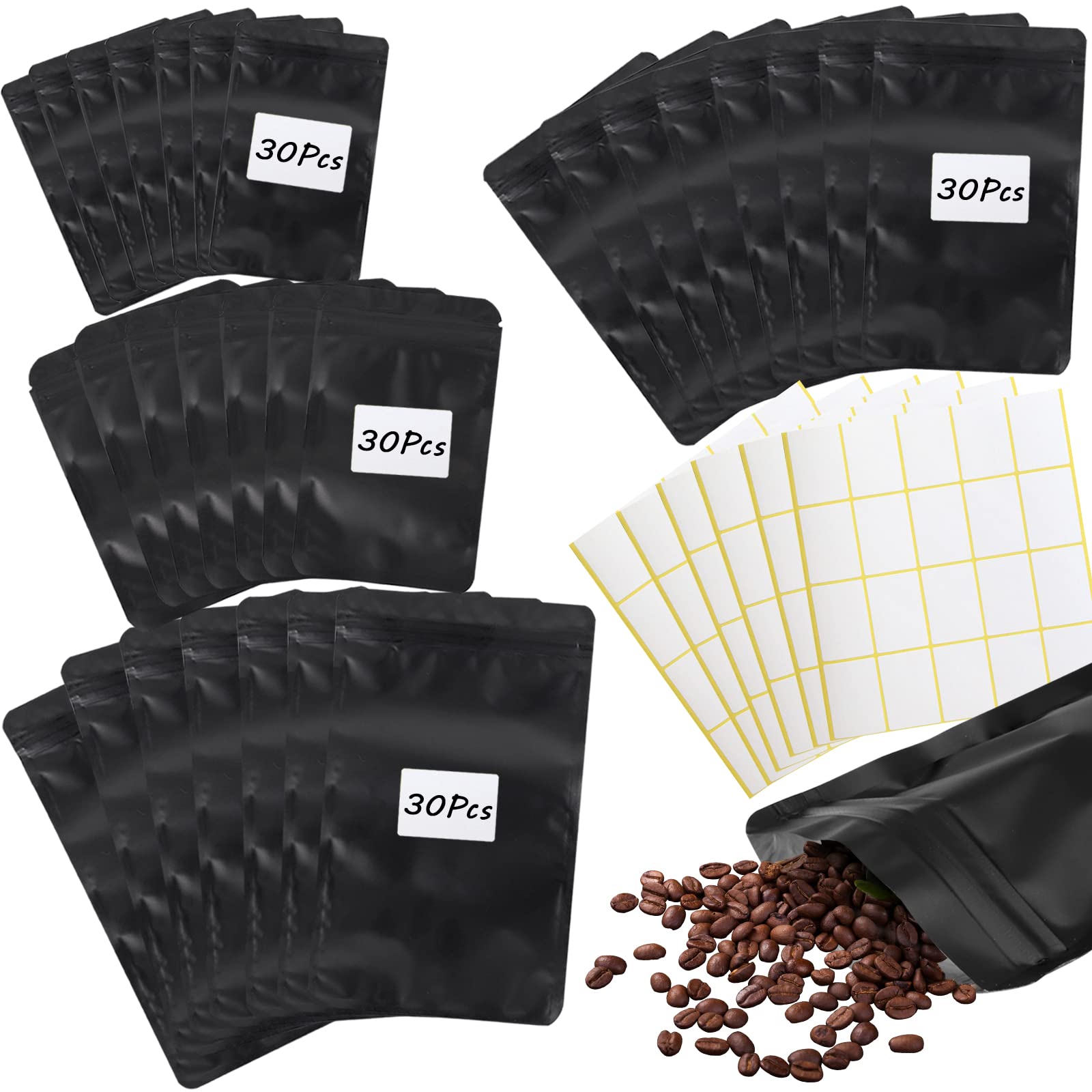 HMIEPRS HMIEPRS 120PCS Mylar Bags Matte Black, Smell Proof Bags Foil Packaging Pouch Stand Up with 120PCS Sticky Labels, Resealable Bags Coffee Bean for Food Self Sealing, Matte Black(Assorted Sizes)