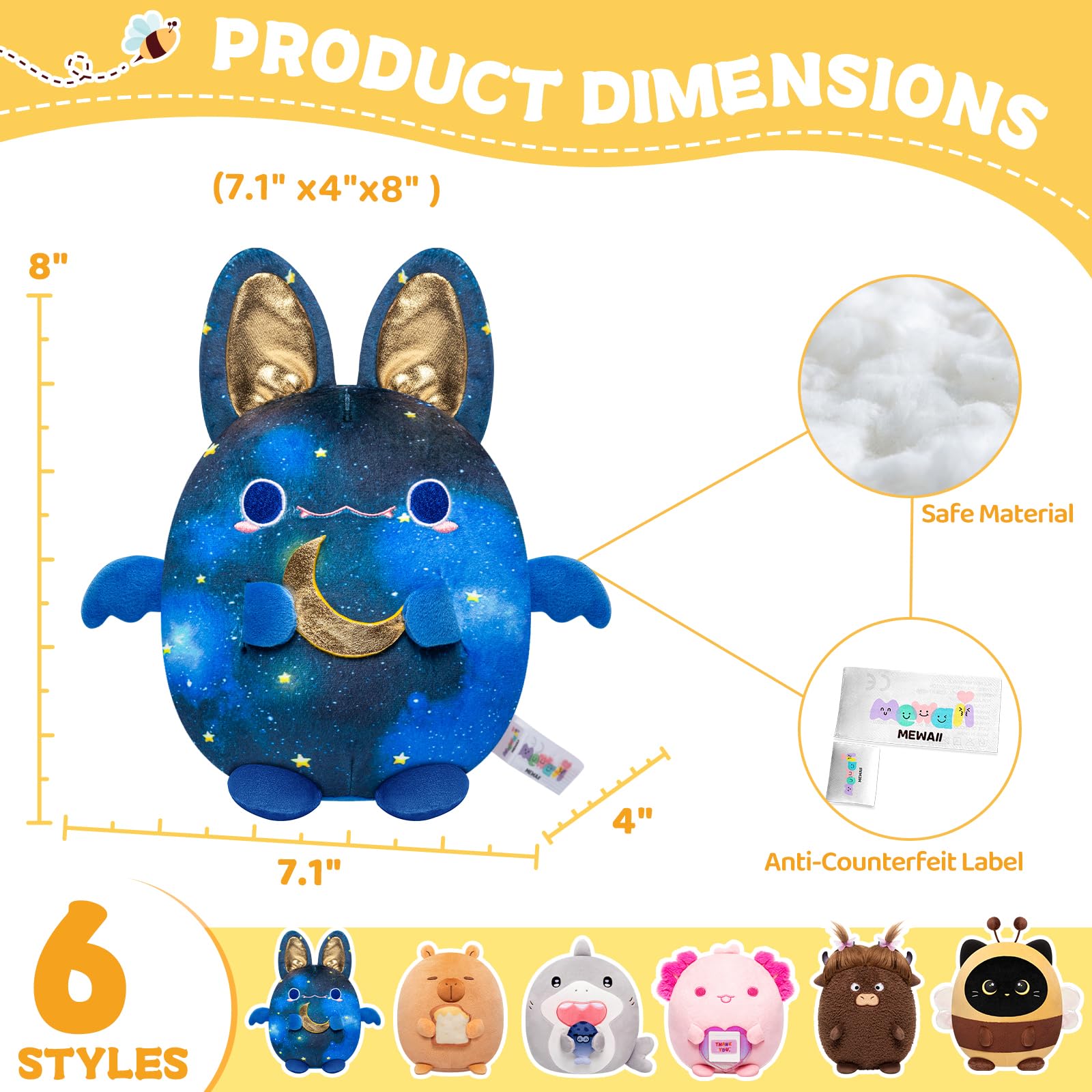 Mewaii Kawaii Cute Kids Plush Toy Pillow, Kawaii Plushie Cute Stuffed Animal, Soft Bat Plushies Squishy Plush Toys(Starry Bat)