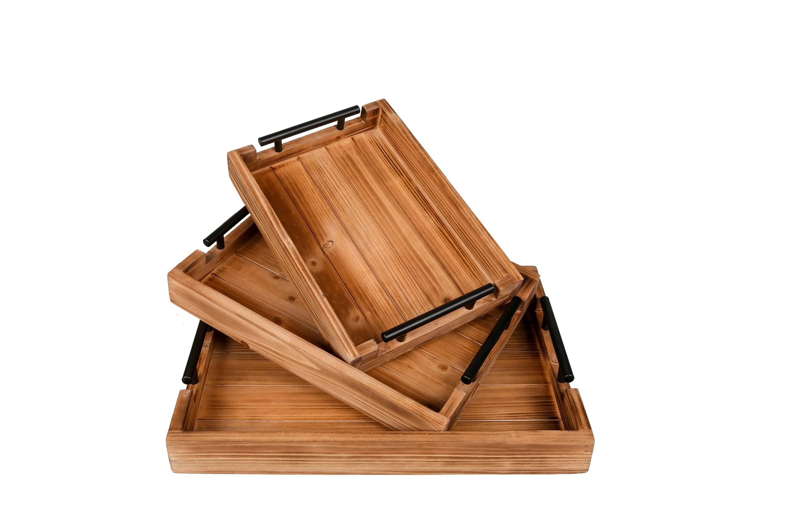 Juleduo 3 Piece Decorative Nested Vintage Wood Serving Tray Set for Eating, Breakfast, Party, Kitchen, Ottoman,Tea Coffee Table& Home Decor, Large Decorative Serving Trays Set