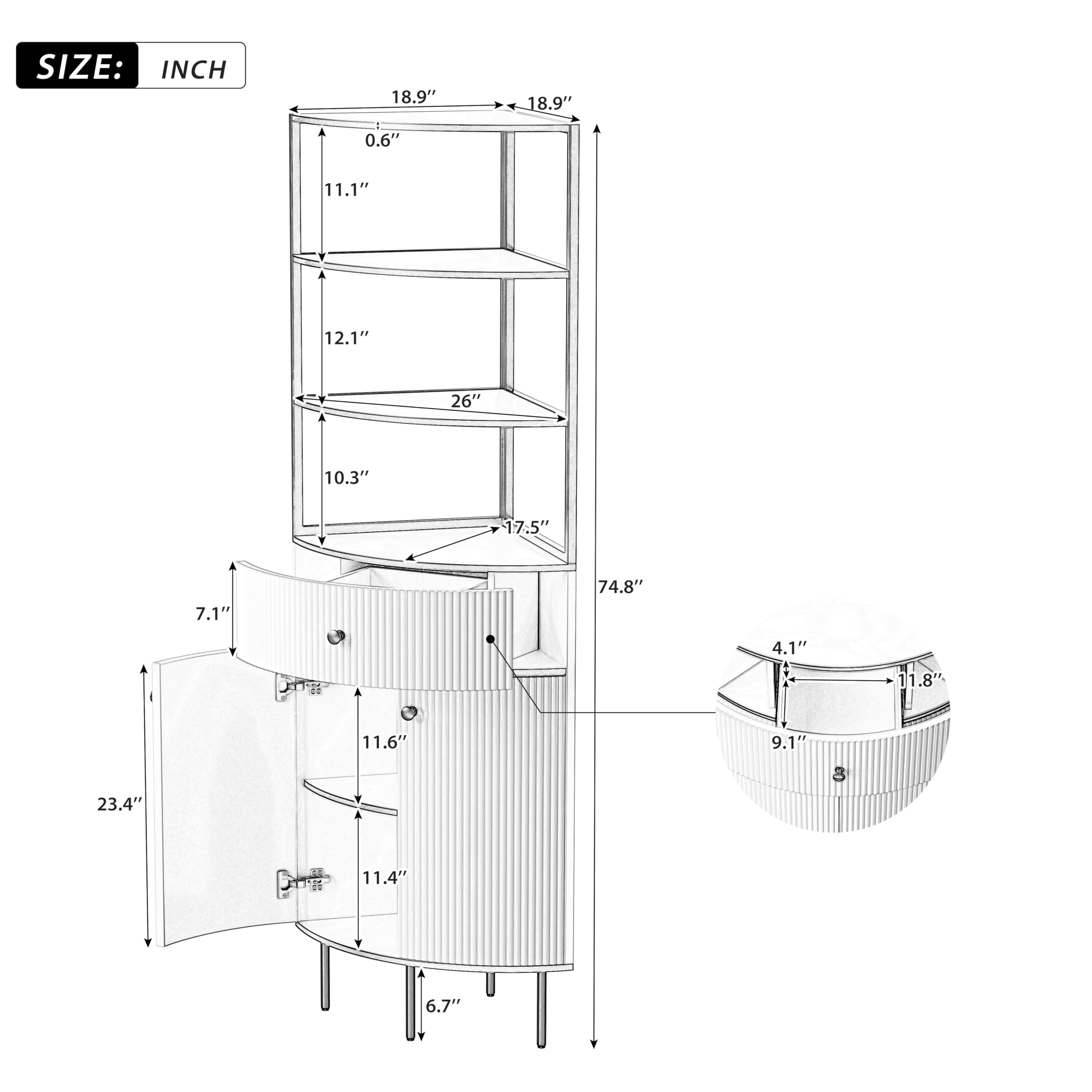 Modern 74.8" Tall Cabinet Corner Bookshelf, Fan Shaped Bookcase with Drawer and 2 Doors, Wooden Standing Corner Shelf with Gold Metal Frame for Living Room Study Room Home Office, White