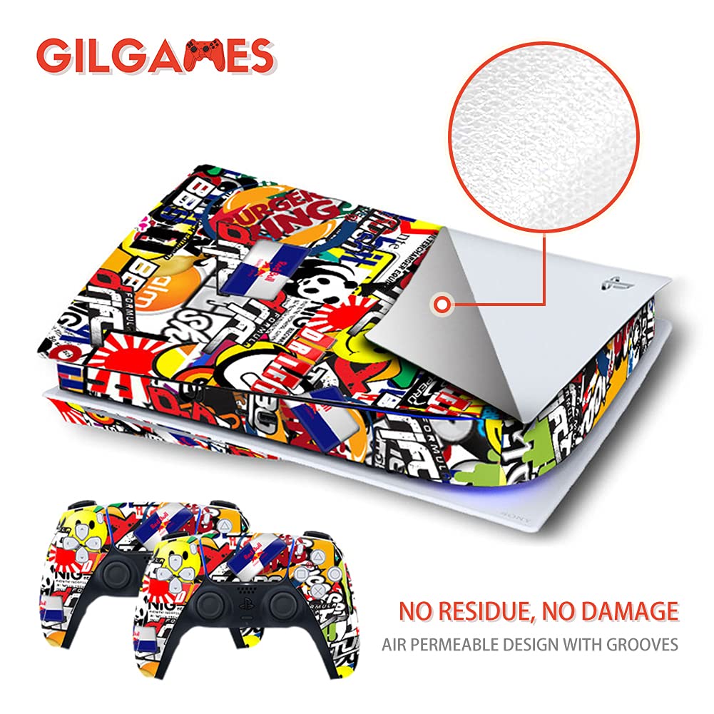 GilGames Full Set Decals for Playstation 5, Vinyl Protector Wrap Skin Cover Protective Faceplate Stickers Kit Console and Controller (Disk Edition)