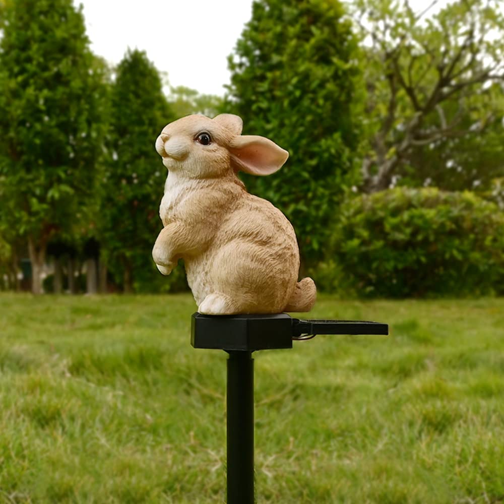 Juliahestia Rabbit Garden Ornaments Bunny Decor Solar Outdoor Statue Animal Lawn Yard Decorations Outside Stake Waterproof Patio Cute Brown Hare Figurines Light Gifts
