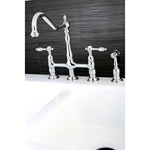 Kingston Brass KS1271TALBS Tudor 8 Inch Center Kitchen Faucet With Brass Sprayer, Polished Chrome, 8-3/4 inch in Spout Reach, Polished Chrome