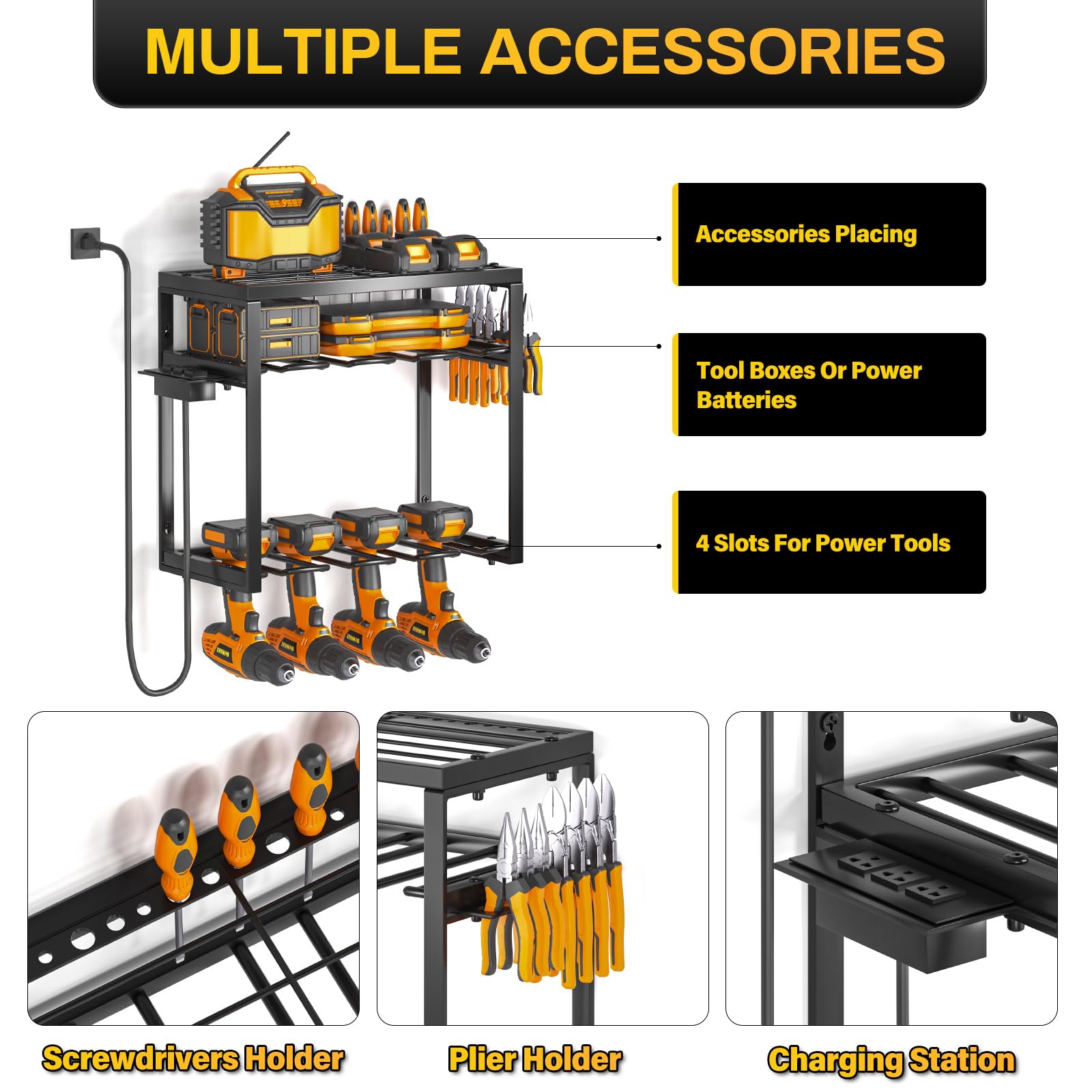 Power Tool Organizer Wall Mount, 3 Layers Drill Holder With Charging Station, Heavy Duty Garage Tool Storage,Utility Racks Shelf for Tool Batteries, Screwdriver, Wrench