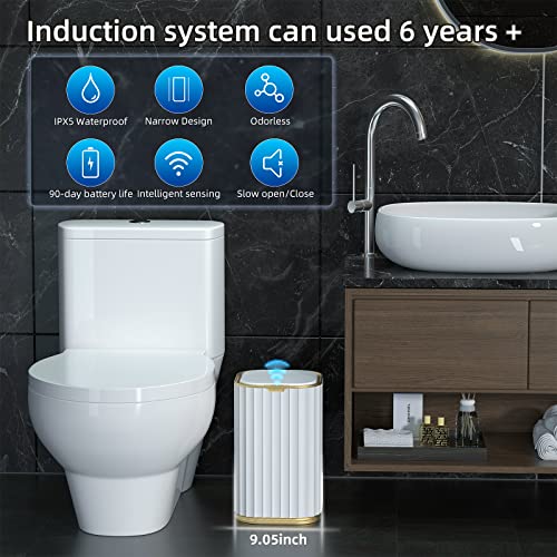 MOPALL 3.5 Gallon Automatic Trash Can,Waterproof Slim Touchless Bathroom Garbage Can with a Lid(White with Gold Trim)