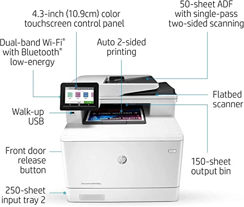 HP Color Laserjet Pro Multifunction M479fdw Wireless Laser Printer- Print Scan Copy Fax - 28 ppm, 600 x 600 dpi, 8.5 x 14, 50-Page ADF, Ethernet, Auto Duplex Printing, Cbmou Printer_Cable
