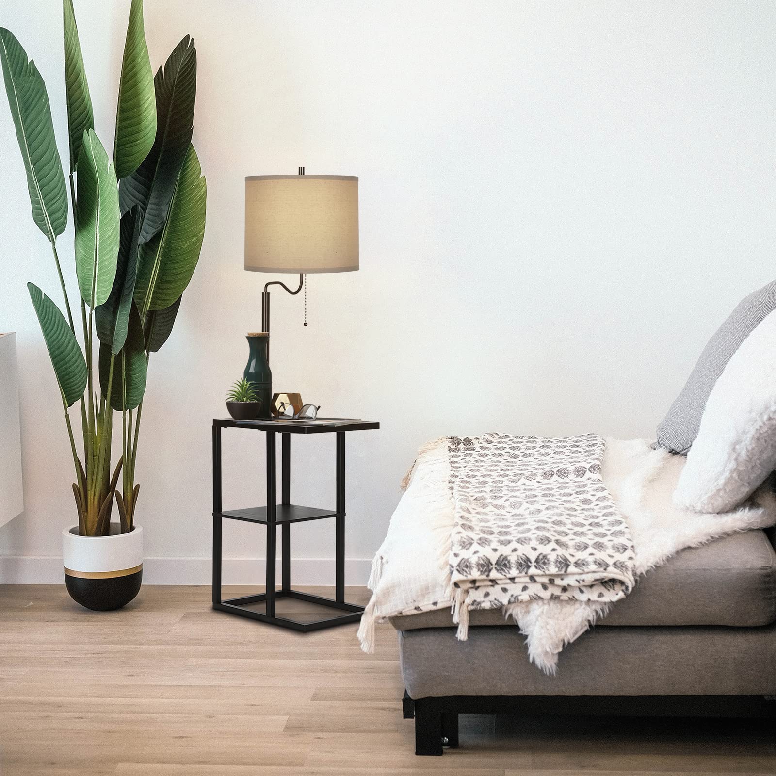 Floor Lamp with Side Table - USB Charging Port, Power Outlet, Modern Bedside Nightstand Lighting, Dark Grey Attached Side Table with Shelves for Living Room, Bedroom, Guest Room, Bulb Sold Separately