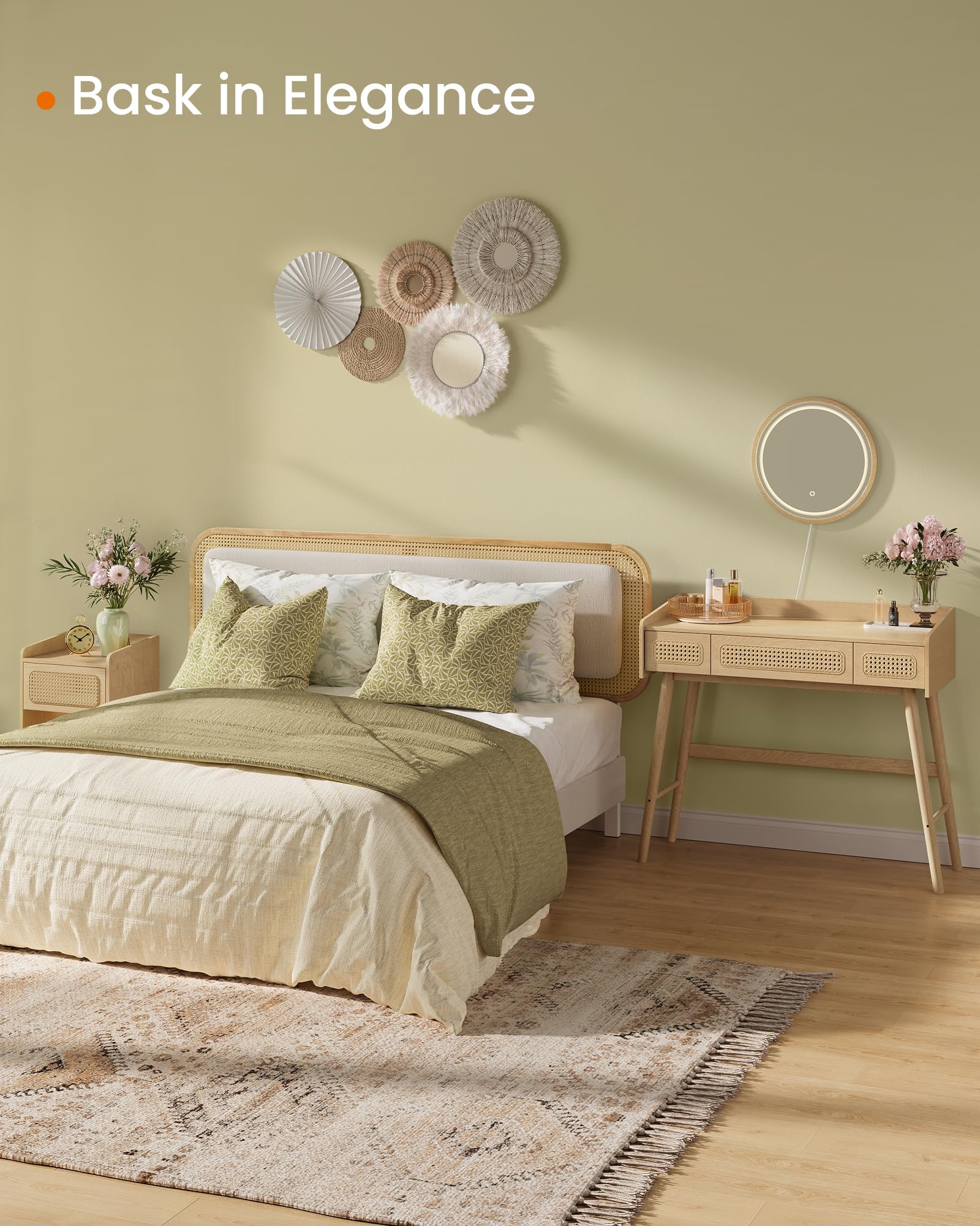 SONGMICS HOME BOHOVEN Collection - Vanity Desk with Mirror and Lights, Makeup Vanity with 3 Rattan-Like Drawers, Touch Control Light with 3 Color Hues, Dimmable, Boho Style, for Bedroom, Oak Beige