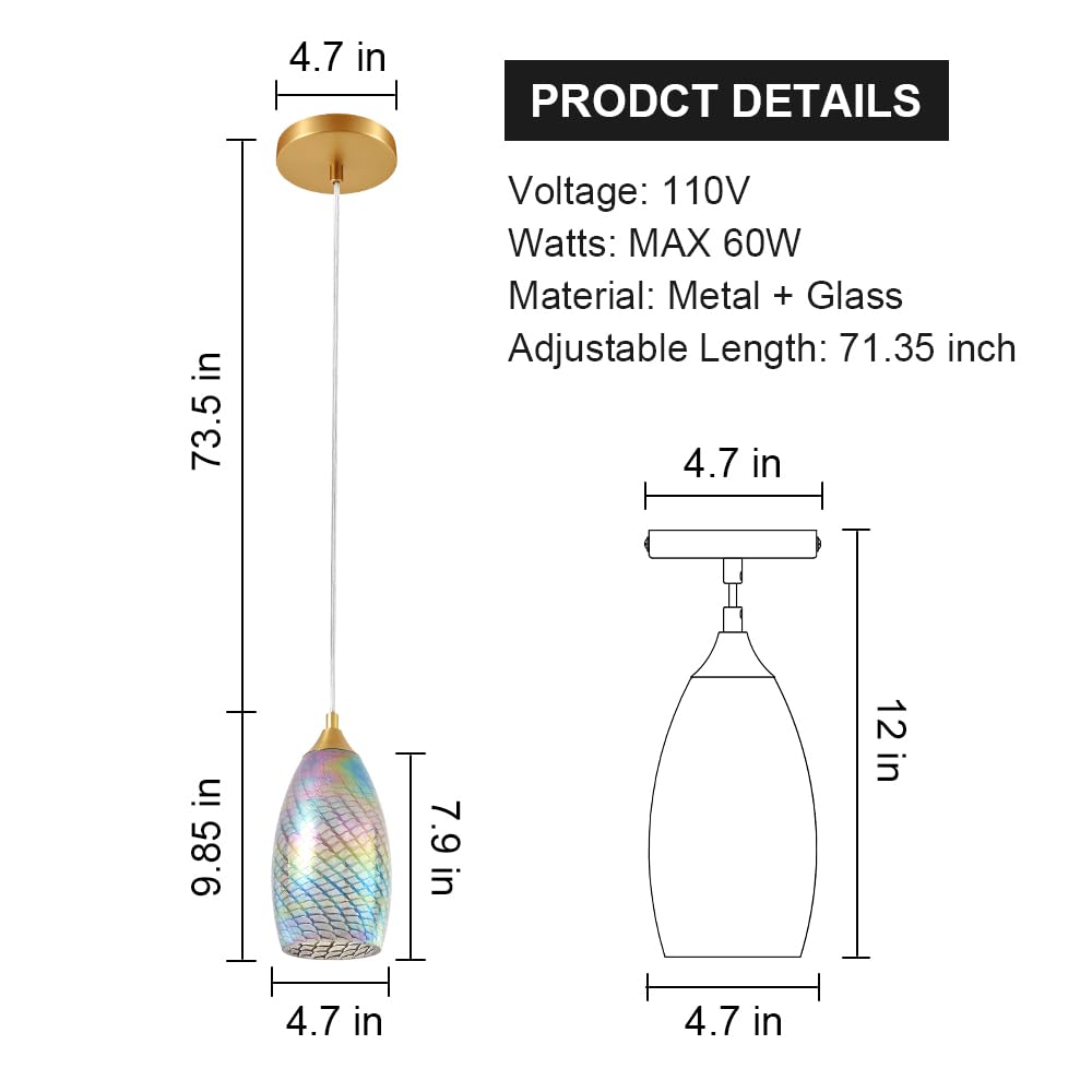 Eicrkodn Mini Glass Pendant Lights Kitchen Island, Handcrafted Blown Art Glass Ceiling Pendant Lighting with Brushed Gold Finish, Adjustable Cord Pendant Lights for Hallway,Dining Room, 3 Pack