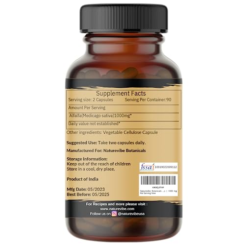 Naturevibe Botanicals Alfalfa Capsules Premium 180 Veg Capsules | 1000mg Per Serving | Nutritionally Abundant | Made with Pure Herb Alfalfa Powder