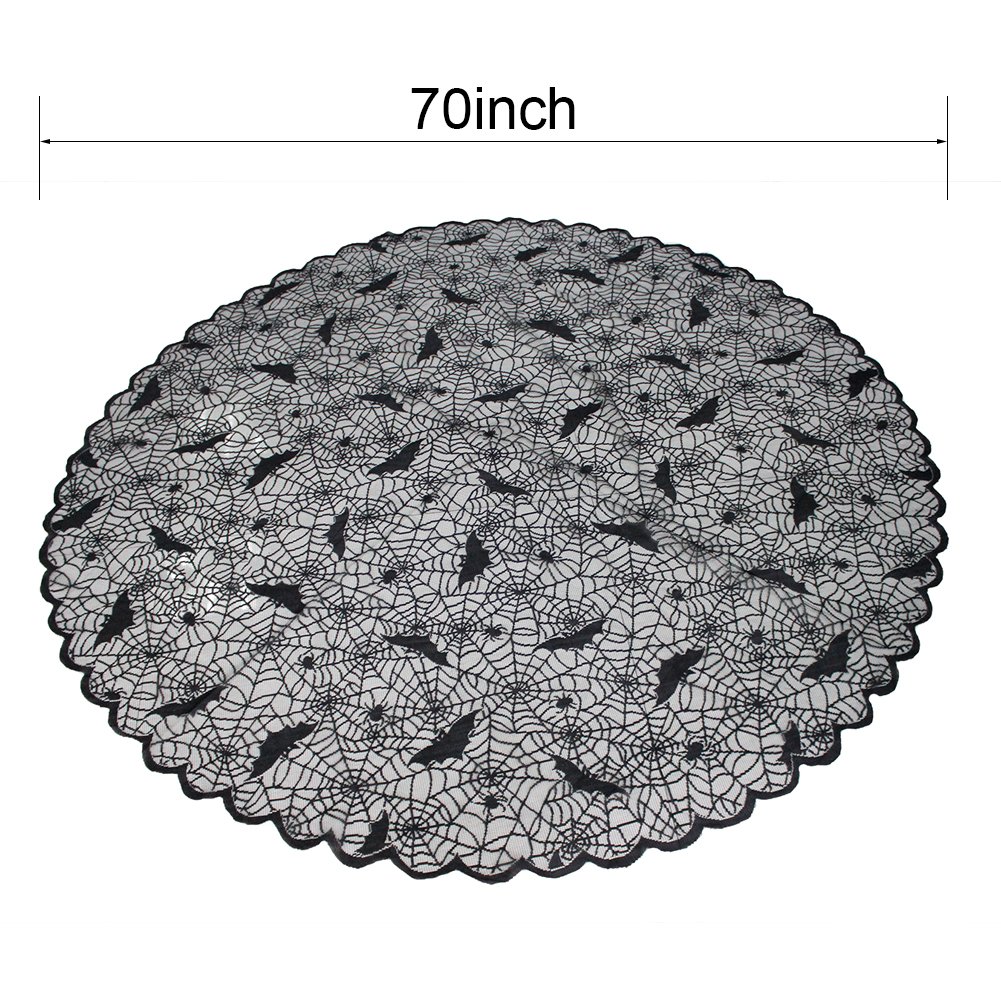 Tonfant Black Lace Tablecloth Round Overlay with Spider Web and Mat for Halloween Party,Easter,Fireplace and Mantle Cover Decoration (Round 70", Black)