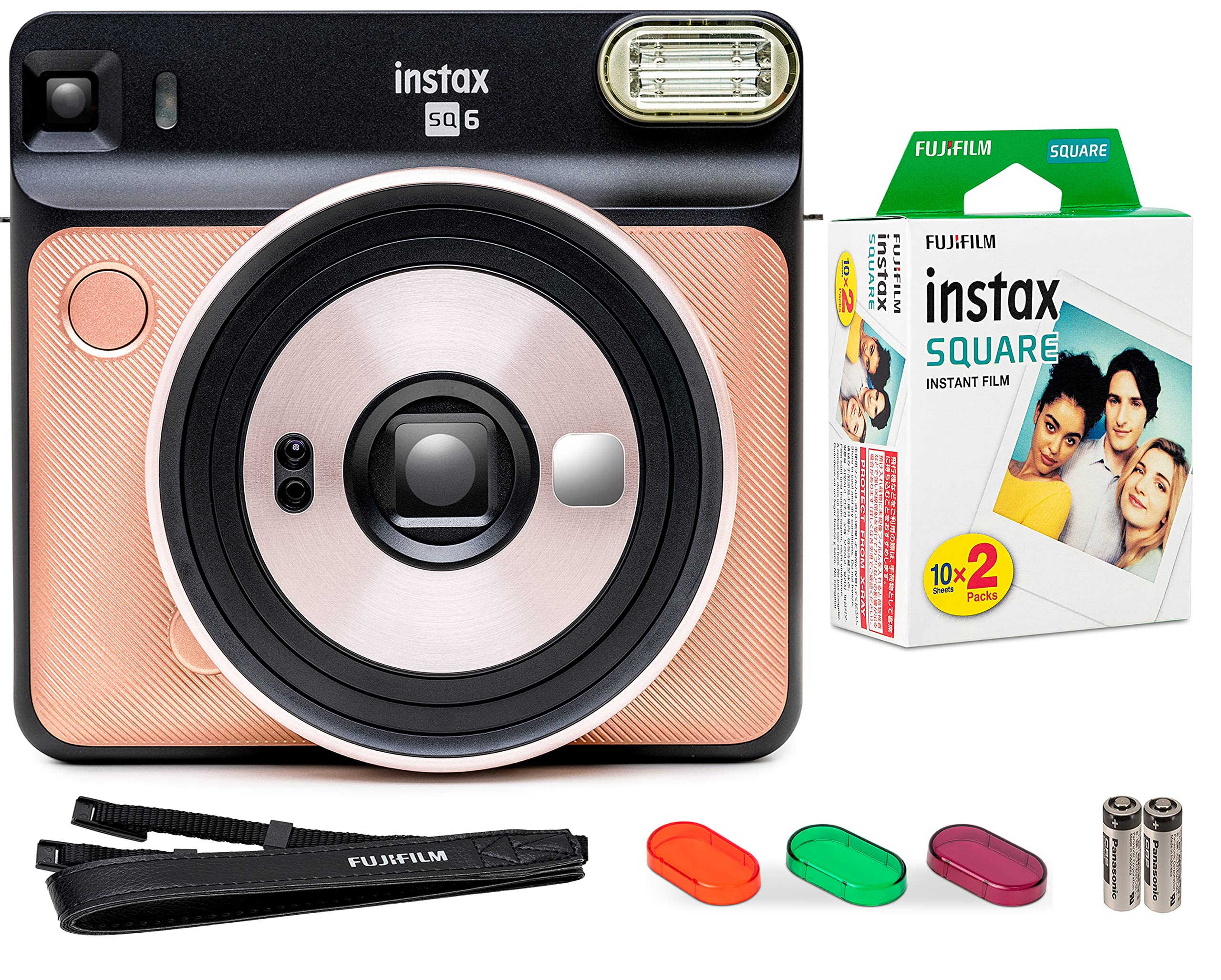Fujifilm Instax Square SQ6 + Fujifilm Instax Square Instant Film (20 Sheets) Bundle with Deals Number One Cleaning Cloth (Blush Gold)