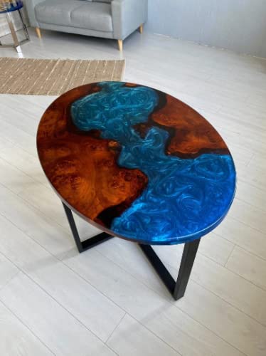Oval Shape Epoxy Coffee Table with Blue Resin River, Custom Round Acacia Wood Side Circle, Wide Blue Resin River, Blue River Epoxy Table (18X18)