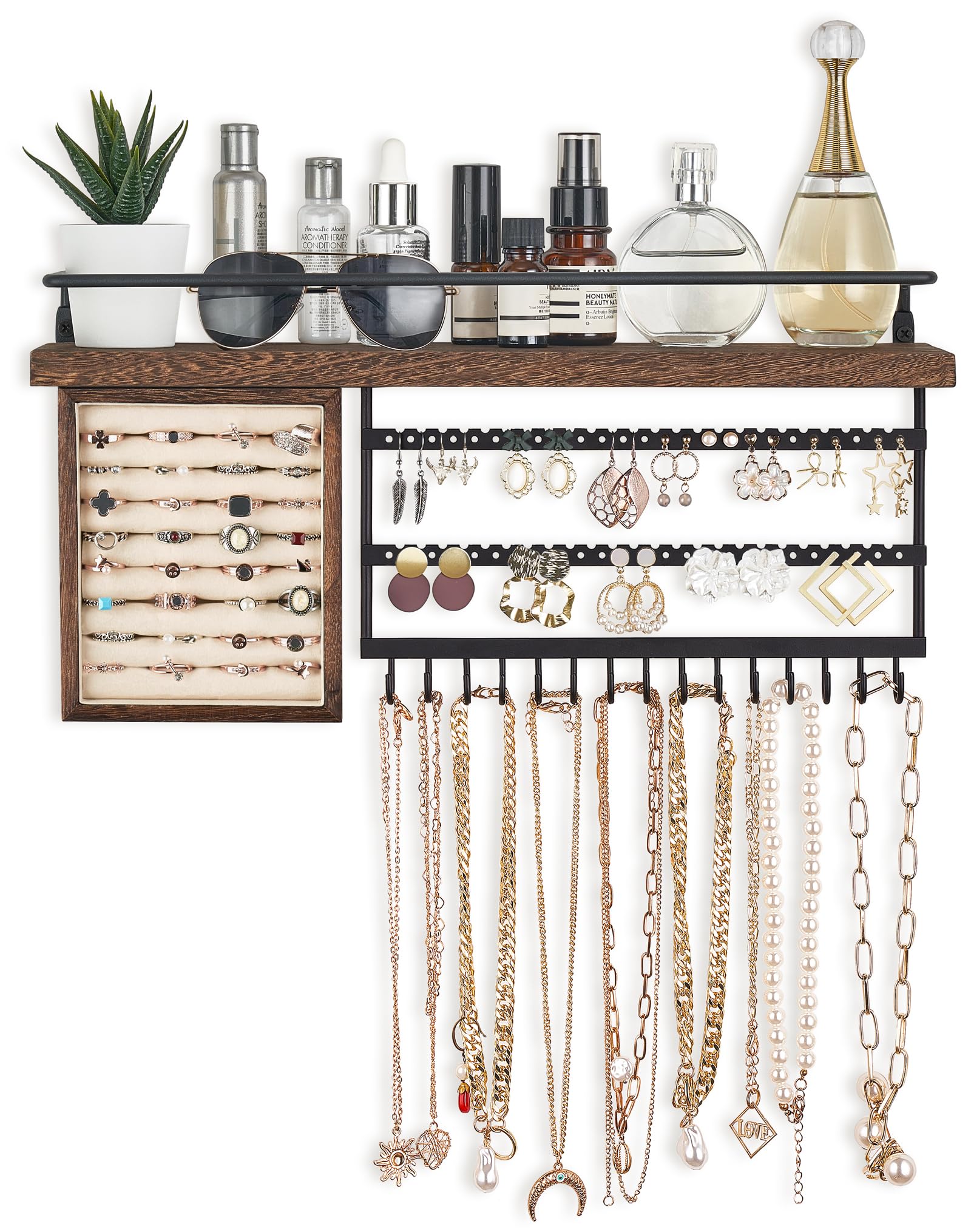 Mkono Hanging Jewelry Organizer Wall Mounted Jewelry Organizer Necklace Holder with Rustic Wood Shelf, Ring Display Box, Ear Studs Earring Holder Bracelet Organizer