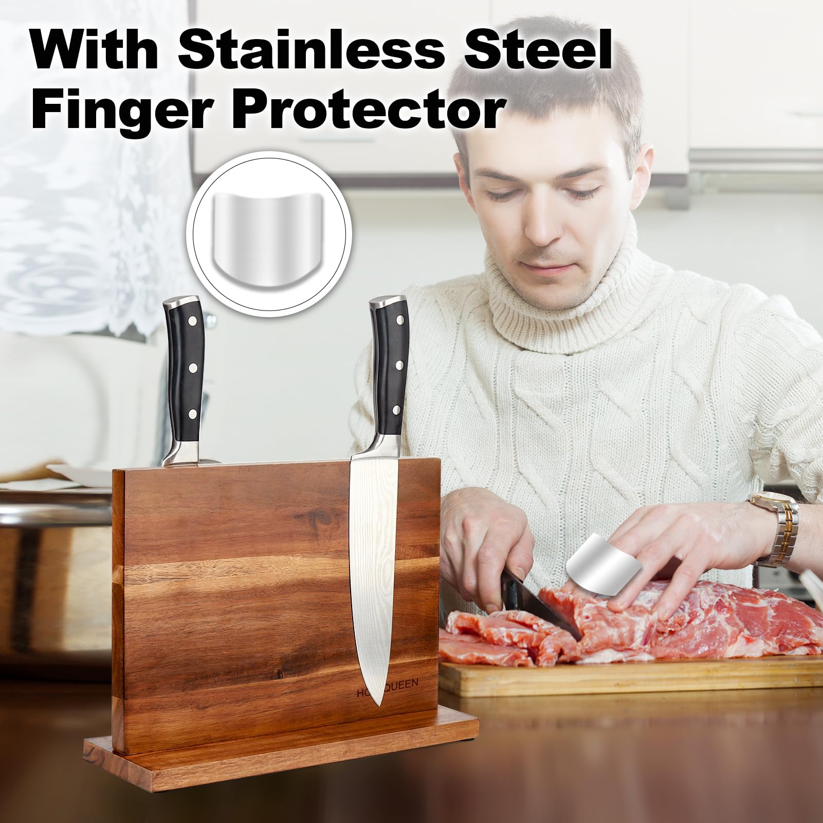 Magnetic Knife Block, Double Sided Magnetic Knife Holder Rack with Strong Enhanced Magnets, Acacia Wood Magnetic Knife Storage Stand with Stainless Steel Finger Protector