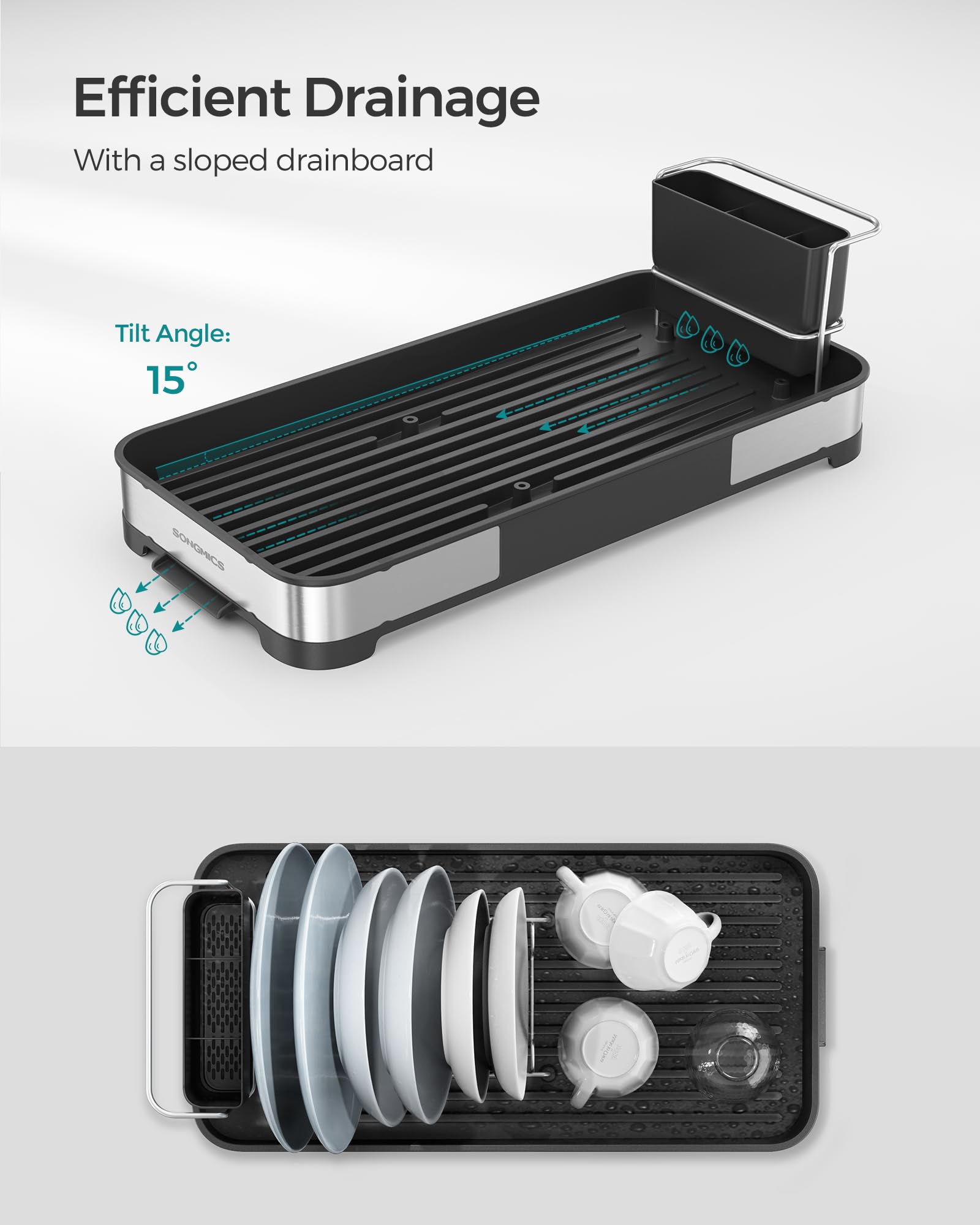 SONGMICS Small Dish Drying Rack, Dish Dryer for Kitchen Counter, Stainless Steel Dish Rack with Drain, Utensil Holder, Rustproof, for Dishes, Knives, Spoons, Forks, Silver and Black UKCS034B01