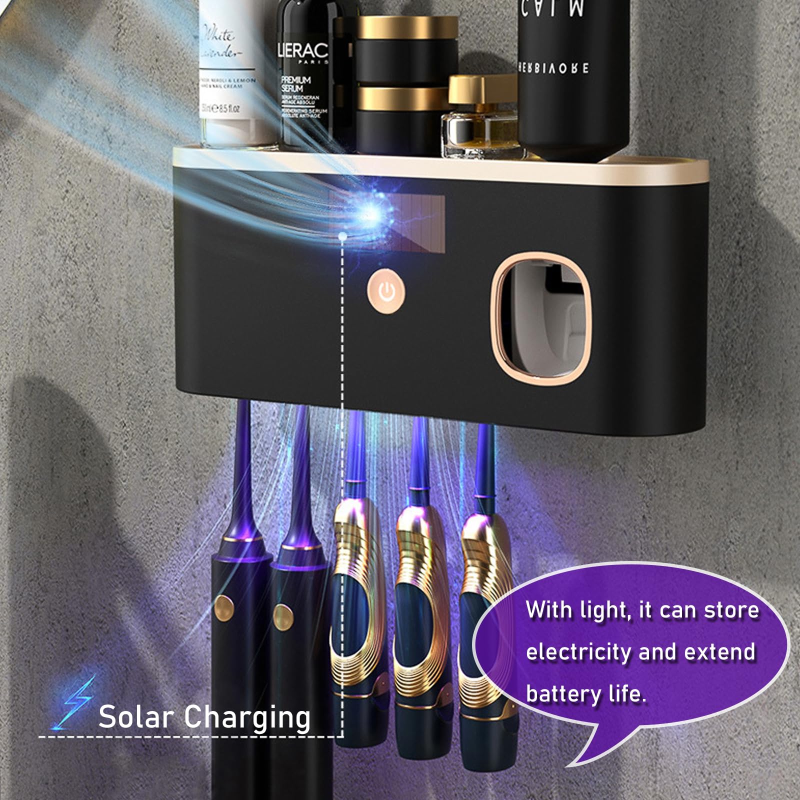 Toothbrush Holders Wall Mounted for Bathrooms, Toothbrush Holder with Automatic Toothpaste Dispenser, Electric Toothbrush Holder with Solar Charging, Toothbrush Organizer with 5 Brush Slots (Black)