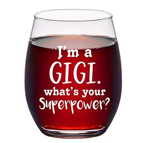 I'm A Gigi What's Your Superpower Wine Glass, Stemless Wine Glass 15Oz for Grandma, New Grandma, Grandma to be - Unique Idea for Birthday, Christmas, Mother's Day