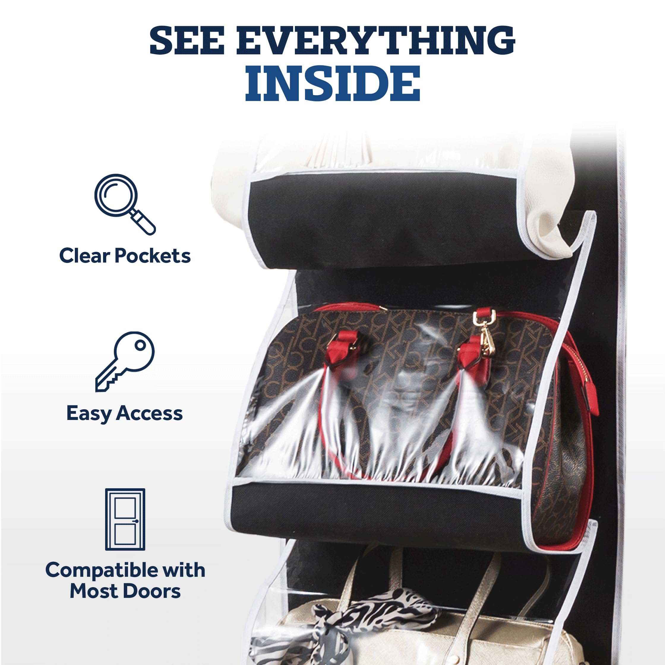 ZOBER Purse Organizer For Closet - Over The Door Purse Organizer W/ 6 Pockets for Easy Purse Storage - Durable Metal Hooks - Purse Rack W/Clear Pockets - Black (2 Pack)