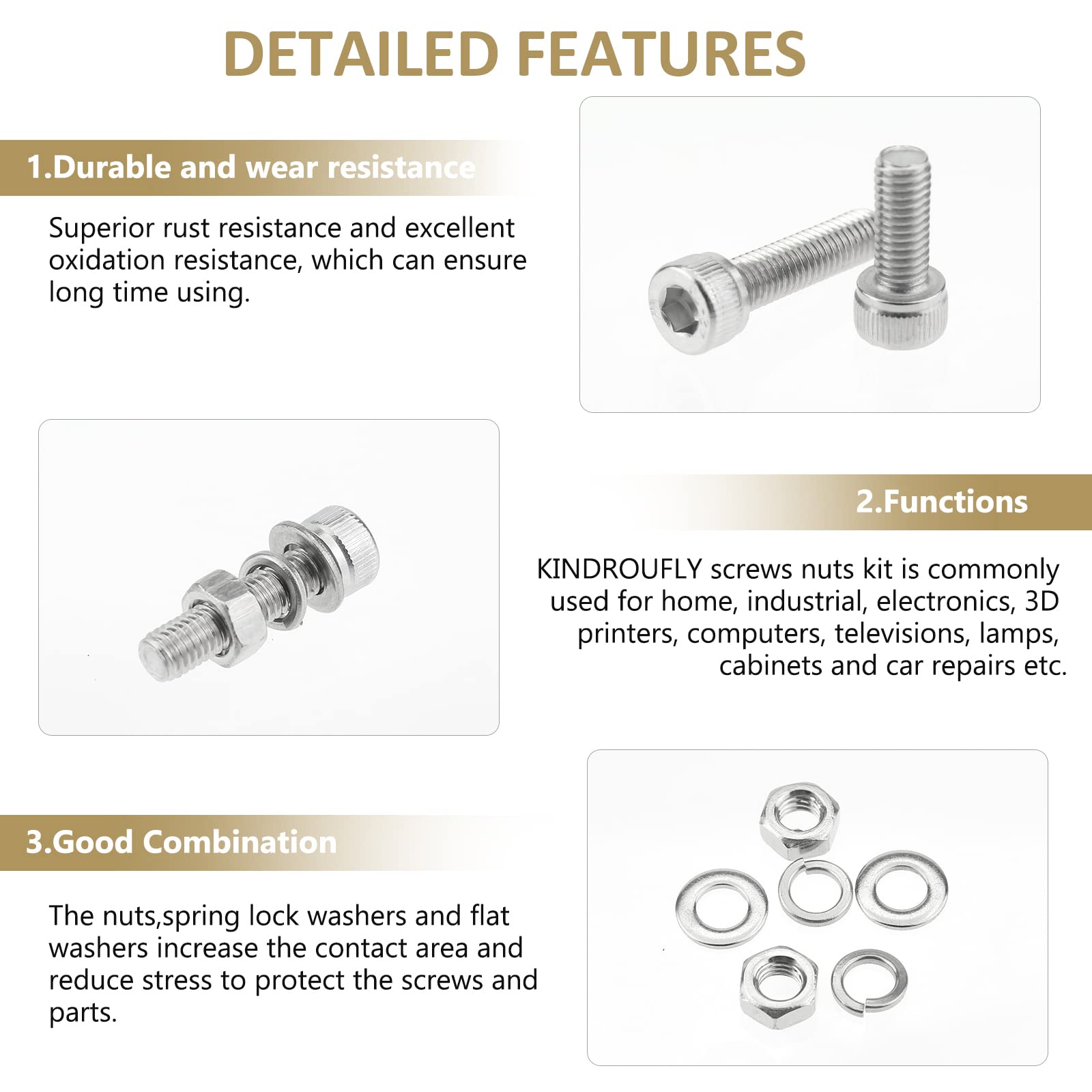 Kindroufly 242 Pieces M5 x 6/8 /10/12 /16/20 /25mm Hex Socket Head Cap Screws Nuts Washers Assortment Kit, 304 Stainless Steel, Fully Machine Thread