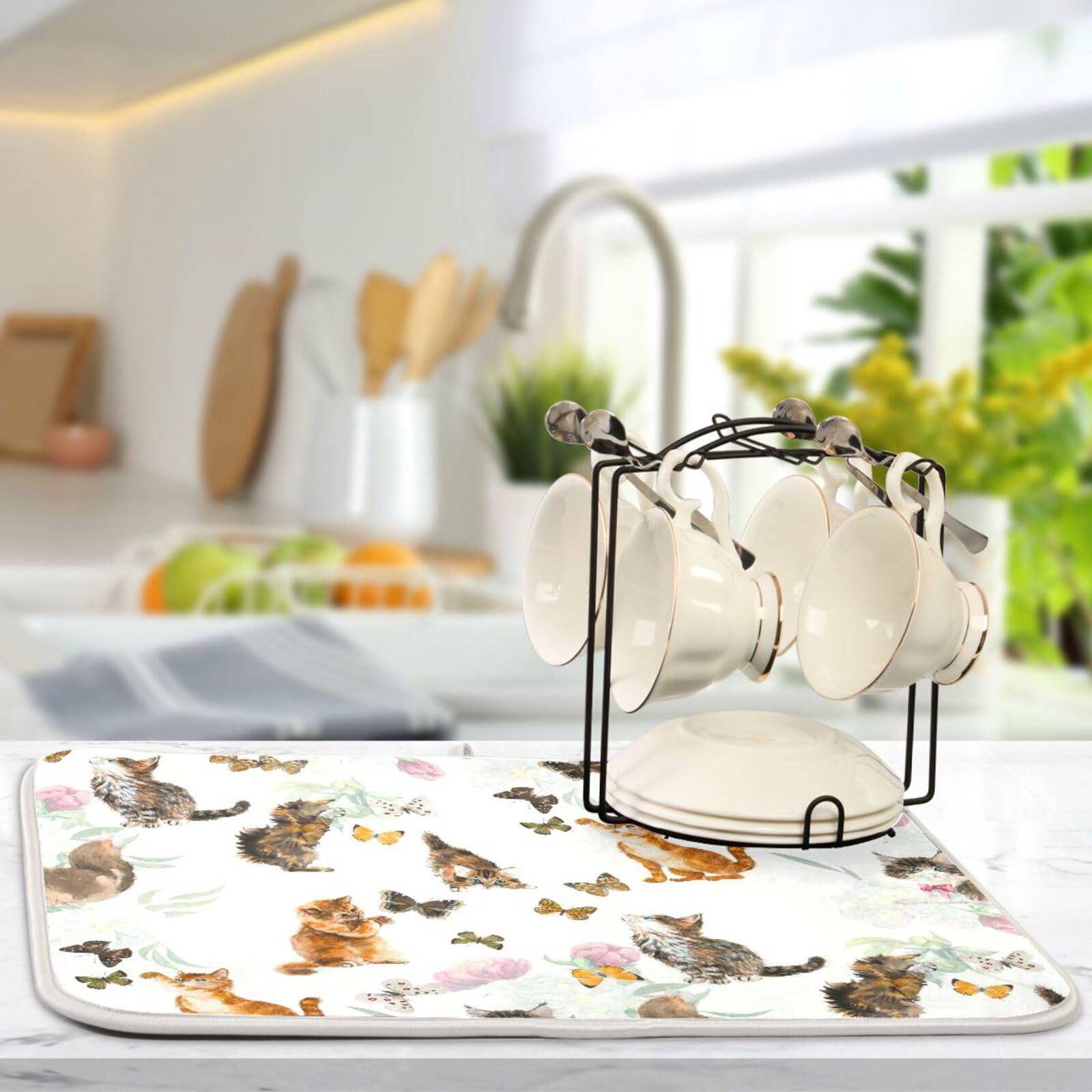JUMBEAR Cat Butterflies Dish Drying Mat Absorbent Reversible Dish Drainer Pad Tableware Mat for Kitchen Countertop Home Decoration, 16 x 18 Inch