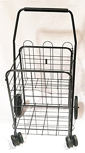 PrimeTrendz Jumbo Shopping/Laundry Folding Cart | Double Basket | Front Moving Swivel Wheels | Thicker Soft Sponge Handle | Color: Black